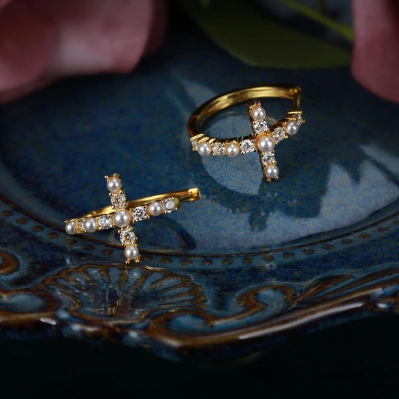 Jewelry | Gold Pearl Cross Rings | Poshmark